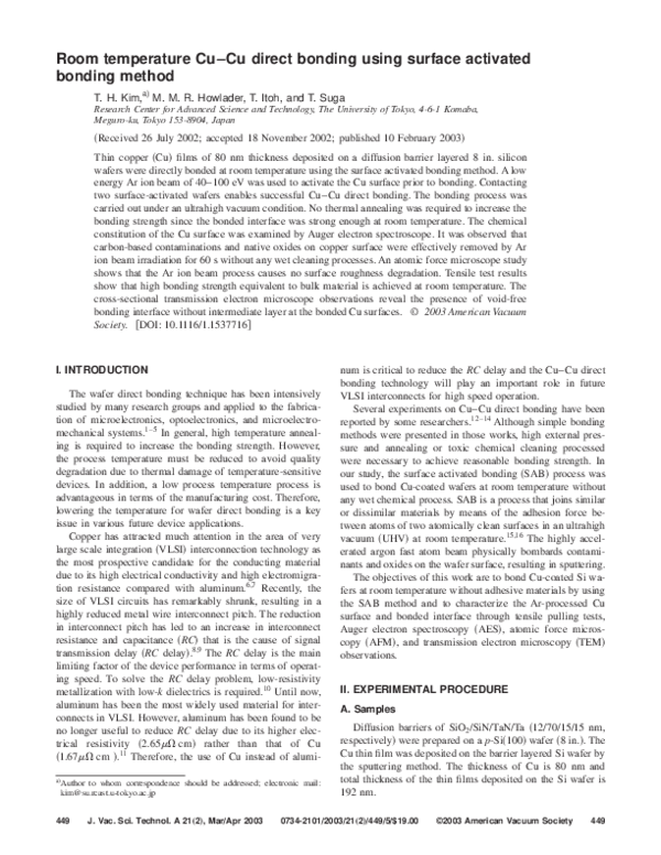 (PDF) Room temperature Cu–Cu direct bonding using surface activated ...