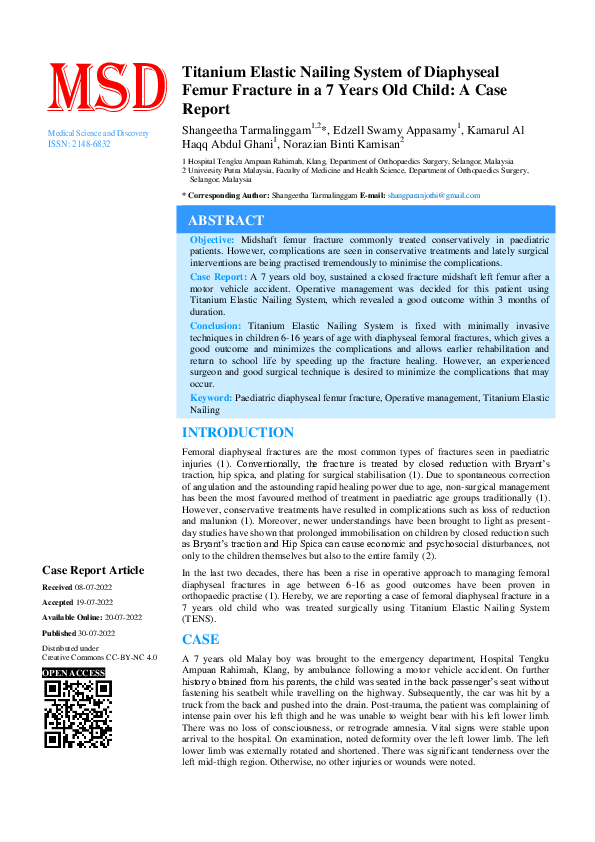 (PDF) Titanium Elastic Nailing System of Diaphyseal Femur Fracture in a ...