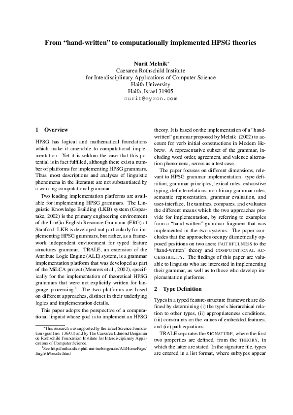 (PDF) From “Hand-written” to Computationally Implemented HPSG Theories