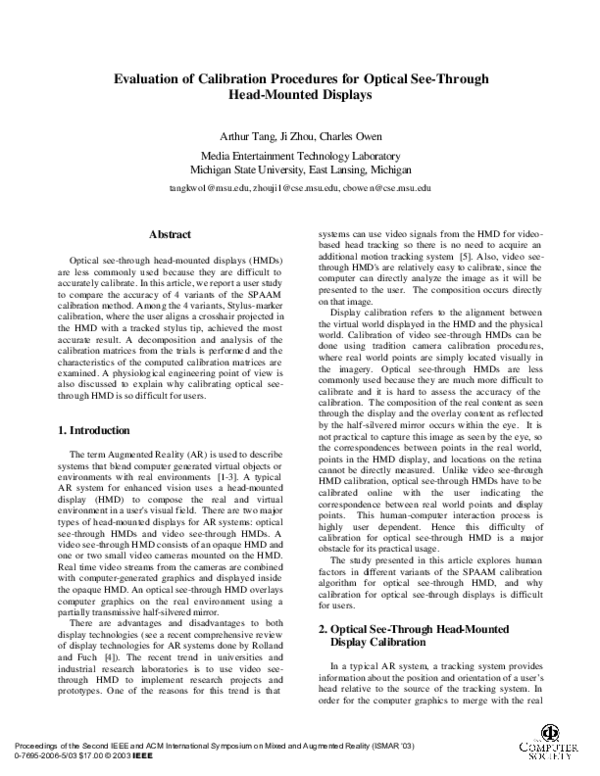 (PDF) Evaluation of calibration procedures for optical see-through head ...