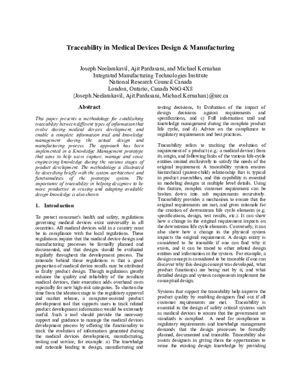 (PDF) Traceability in Medical Devices Design & Manufacturing