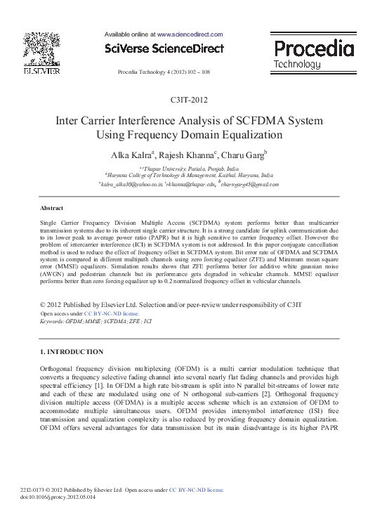 Pdf Inter Carrier Interference Analysis Of Scfdma System Using Frequency Domain Equalization