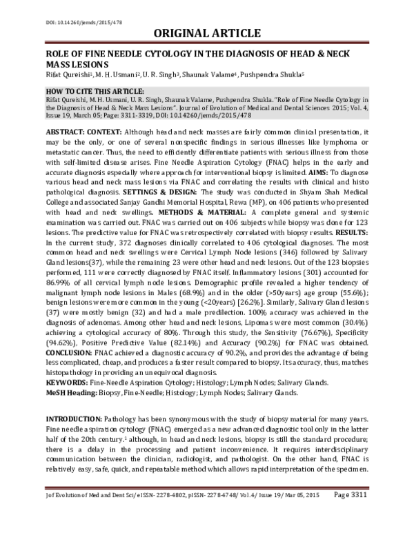 (PDF) Role of Fine Needle Cytology in the Diagnosis of Head & Neck Mass ...