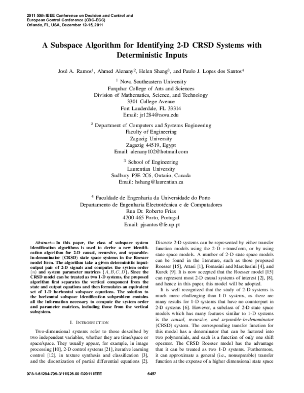 (PDF) A subspace algorithm for identifying 2-D CRSD systems with deterministic inputs