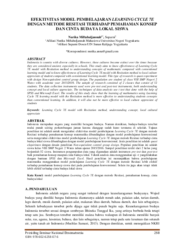 (PDF) Prosiding Seminar Nasional Etnomatnesia 258 EFEKTIVITAS MODEL PEMBELAJARAN LEARNING CYCLE ...