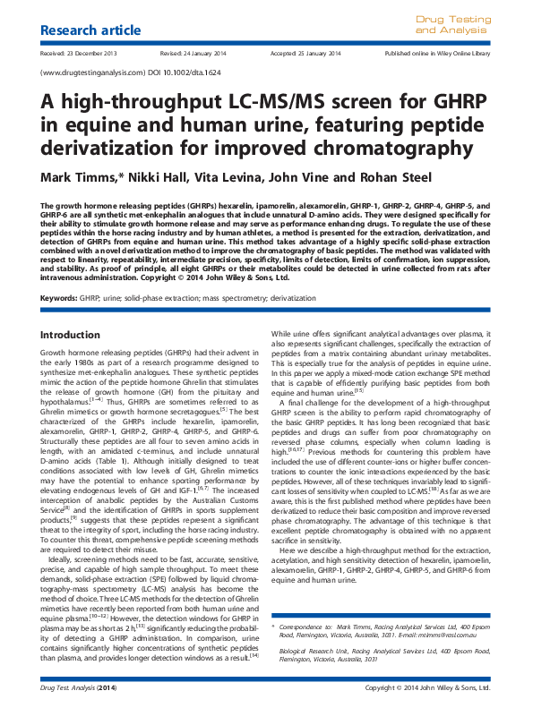 (PDF) A high-throughput LC-MS/MS screen for GHRP in equine and human urine, featuring peptide ...