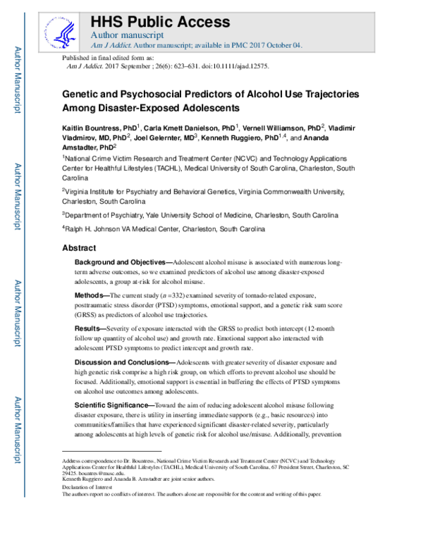 (PDF) Genetic and psychosocial predictors of alcohol use trajectories among disaster-exposed ...