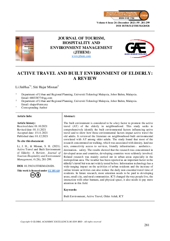 (PDF) Active Travel and Built Environment of Elderly: A Review