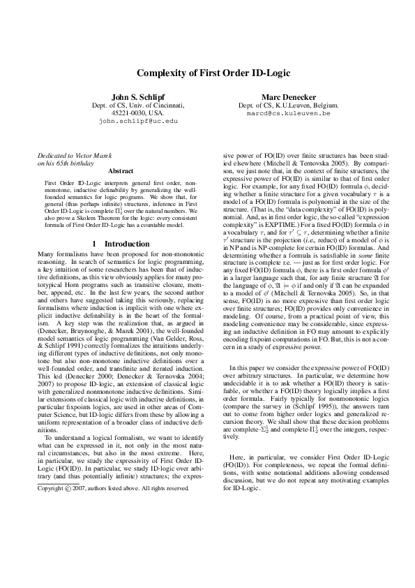 (PDF) Complexity of First Order ID-Logic