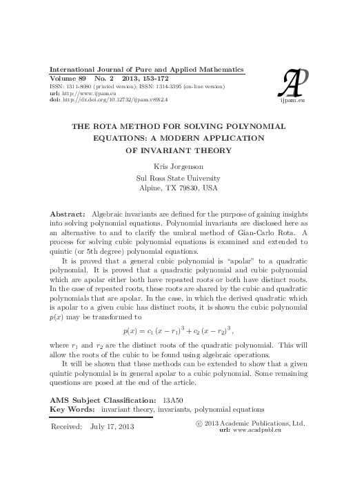 (PDF) P a the Rota Method for Solving Polynomial Equations: A Modern Application of Invariant Theory