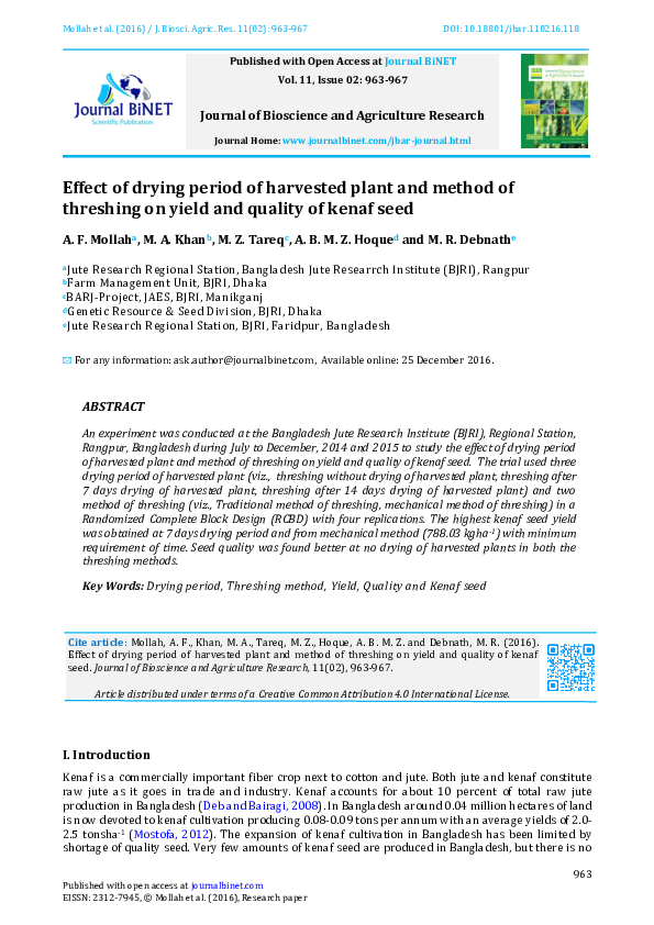 (PDF) Effect of drying period of harvested plant and method of ...