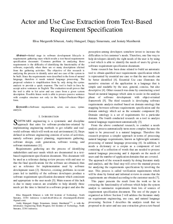 Pdf Actor And Use Case Extraction From Text Based Requirement