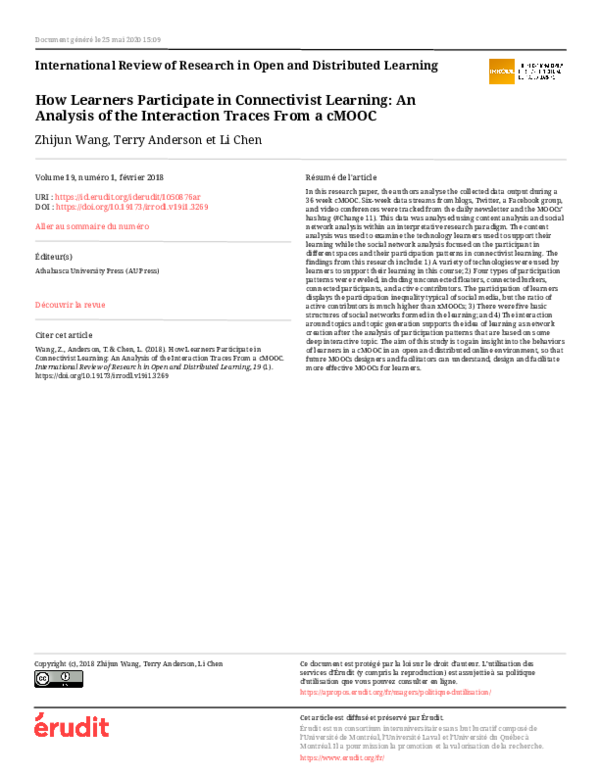 Pdf How Learners Participate In Connectivist Learning An Analysis Of The Interaction Traces