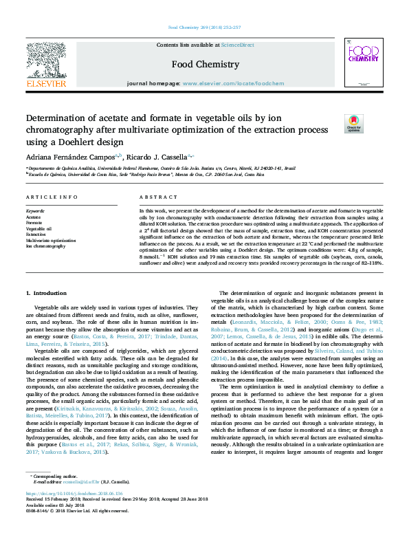 Pdf Determination Of Acetate And Formate In Vegetable Oils By Ion Chromatography After