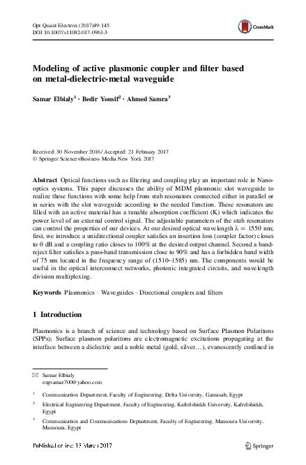 (PDF) Modeling of active plasmonic coupler and filter based on metal-dielectric-metal waveguide