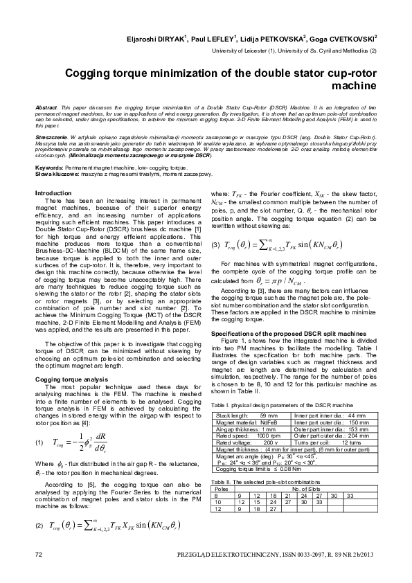 (PDF) Cogging Torque Minimization of Double Stator Cup-Rotor Machine