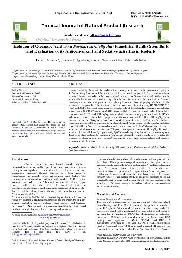 (PDF) Isolation of Oleanolic Acid from Parinari curatellifolia (Planch ...