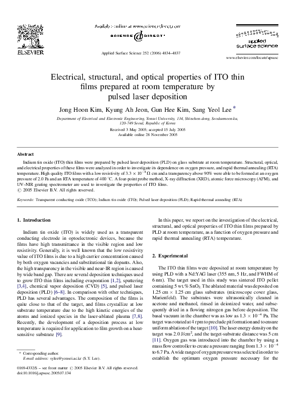 (PDF) Electrical, structural, and optical properties of ITO thin films prepared at room ...