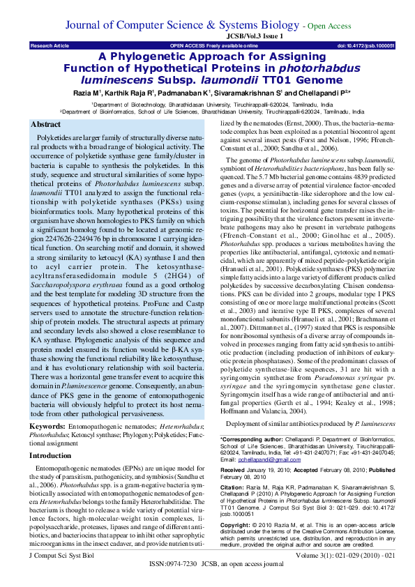 (PDF) A Phylogenetic Approach for Assigning Function of Hypothetical Proteins in photorhabdus ...