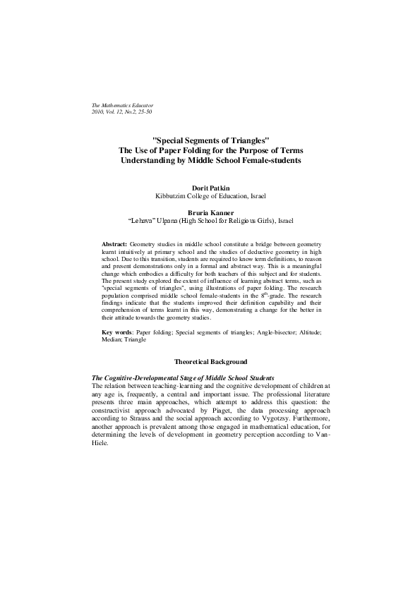 (PDF) Special Segments of Triangles" The Use of Paper Folding for the ...