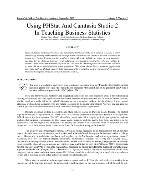 (PDF) Using PHStat And Camtasia Studio 2 In Teaching Business Statistics