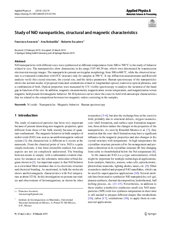 (PDF) Study of NiO nanoparticles, structural and magnetic characteristics