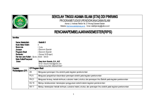 (DOC) RPS Matkul Statistik II | Desy Arum Sunarta - Academia.edu