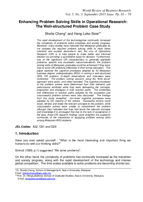 (PDF) Enhancing Problem Solving Skills in Operational Research: the Well-Structured Problem Case ...