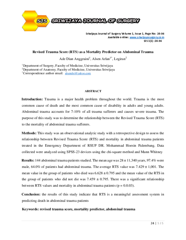 (PDF) Revised Trauma Score (RTS) as a Mortality Predictor on Abdominal ...