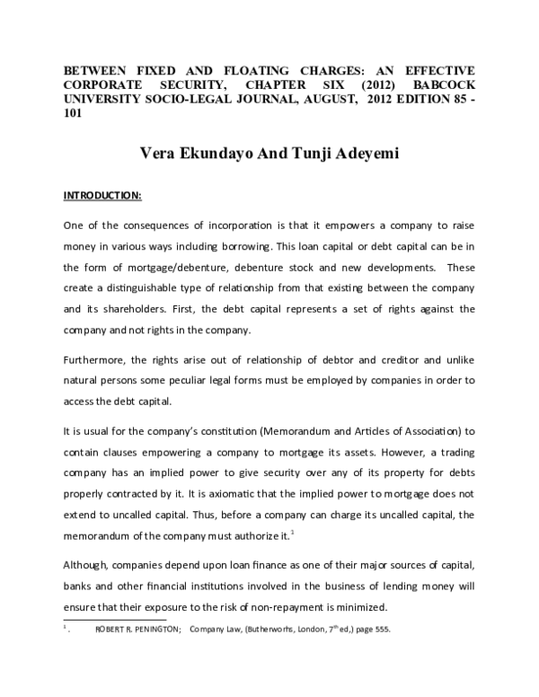 (DOC) BETWEEN FIXED AND FLOATING CHARGES AN EFFECTIVE CORPORATE SECURITY