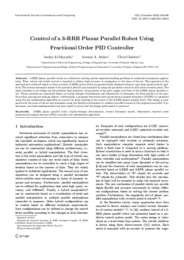 Pdf Control Of A 3 Rrr Planar Parallel Robot Using Fractional Order Pid Controller