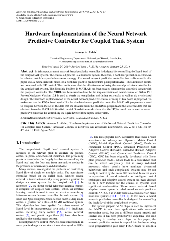 (PDF) Hardware Implementation of the Neural Network Predictive Controller for Coupled Tank System