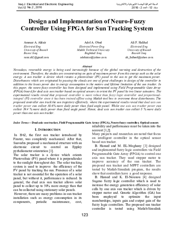(PDF) Design and Implementation of Neuro-Fuzzy Controller Using FPGA for Sun Tracking System