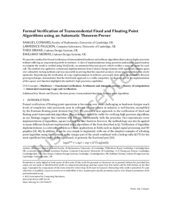 Pdf Formal Verification Of Transcendental Fixed And Floating Point Algorithms Using An