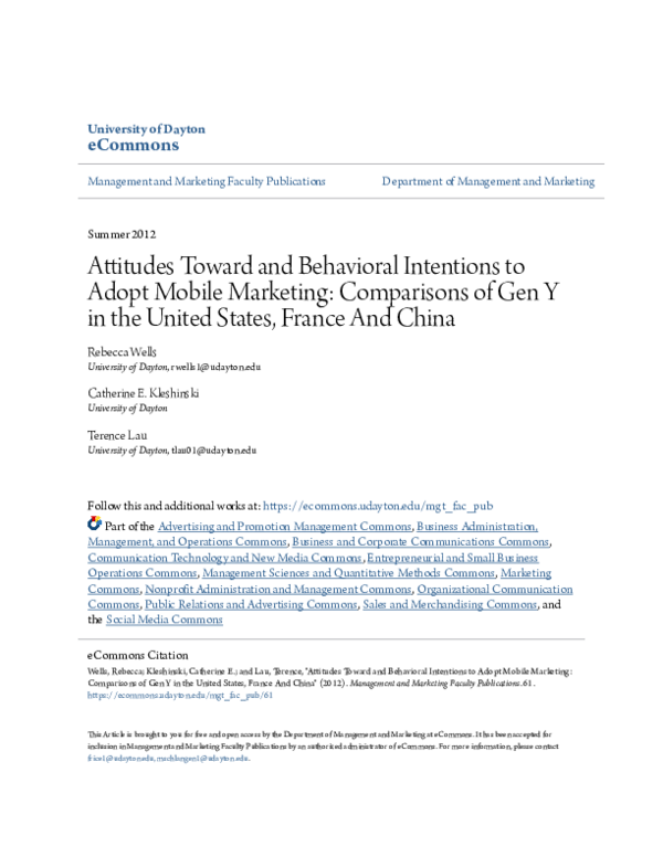 (PDF) Attitudes Toward and Behavioral Intentions to Adopt Mobile Marketing: Comparisons of Gen Y ...
