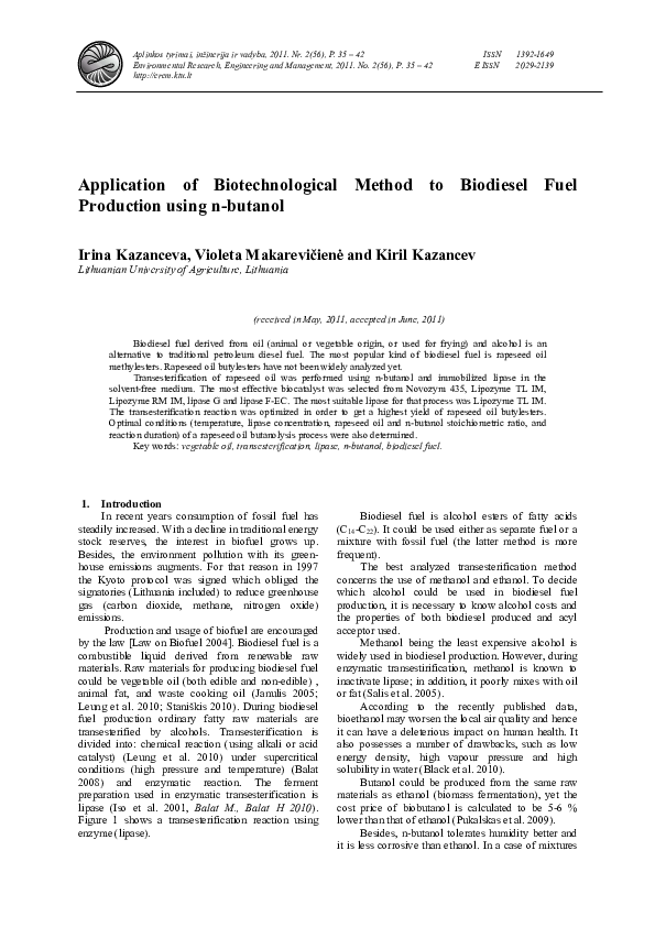 (PDF) Application of Biotechnological Method to Biodiesel Fuel ...
