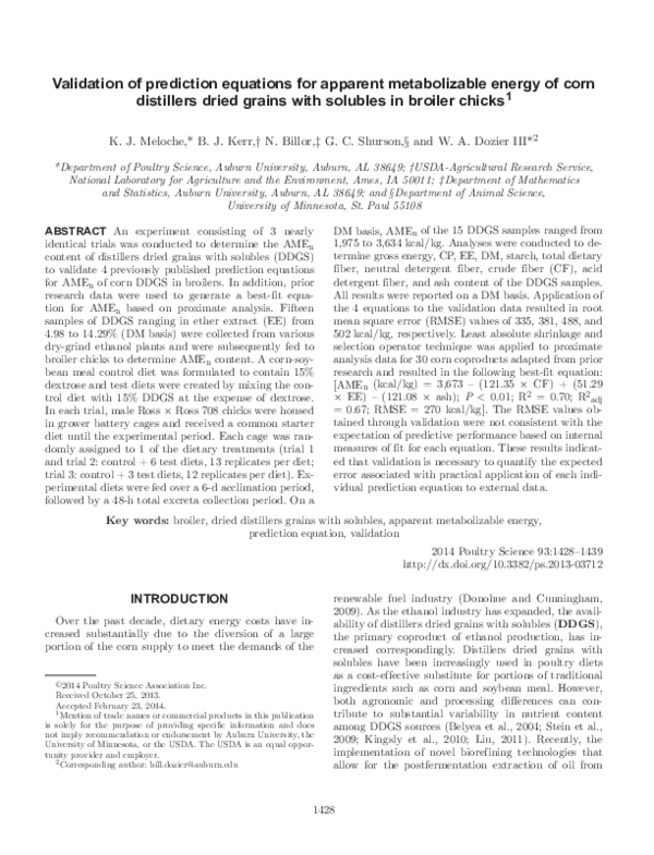 (PDF) Validation of prediction equations for apparent metabolizable ...