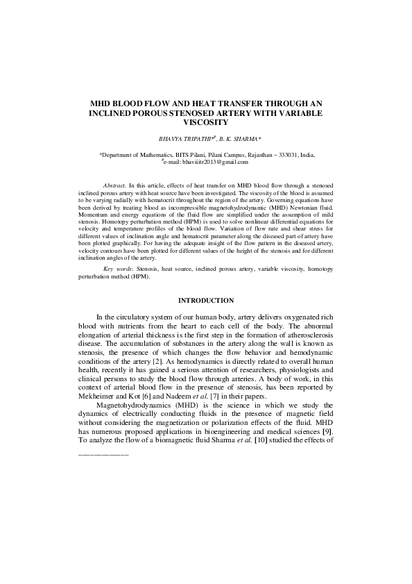 (PDF) MHD blood flow and heat transfer through an inclined porous stenosed artery with variable ...