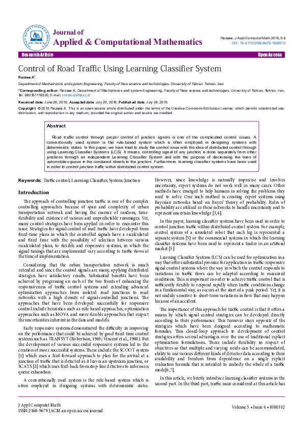 (PDF) Control of Road Traffic Using Learning Classifier System | alireza rezaee - Academia.edu