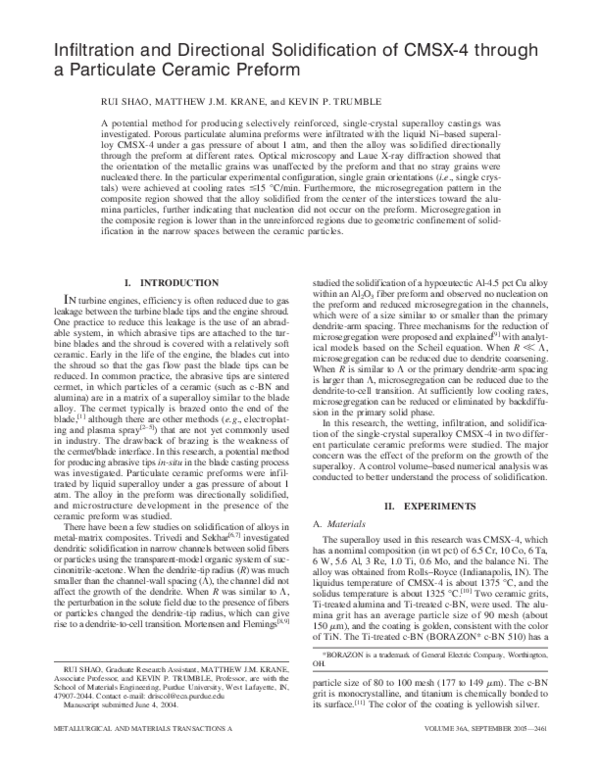 Pdf Infiltration And Directional Solidification Of Cmsx 4 Through A Particulate Ceramic