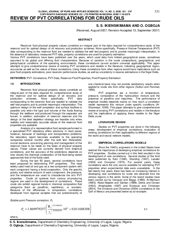 (PDF) Review Of PVT Correlations For Crude Oils