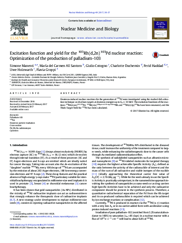 (PDF) Excitation function and yield for the 103Rh(d,2n)103Pd nuclear ...