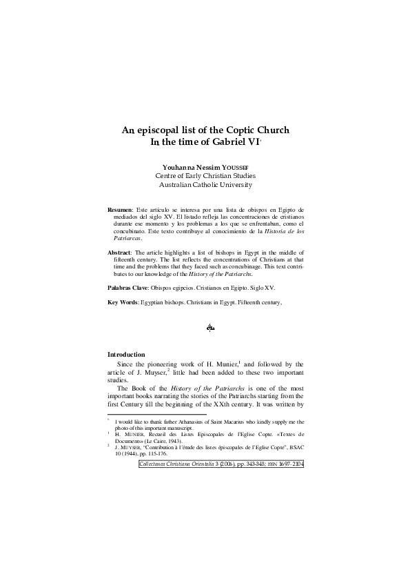 (PDF) An episcopal list of the Coptic Church In the time of Gabriel VI
