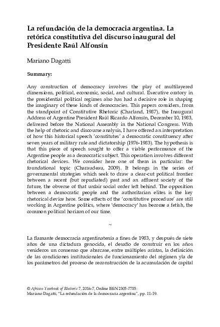 (PDF) La refundación de la democracia argentina. La retórica constitutiva del discurso inaugural ...