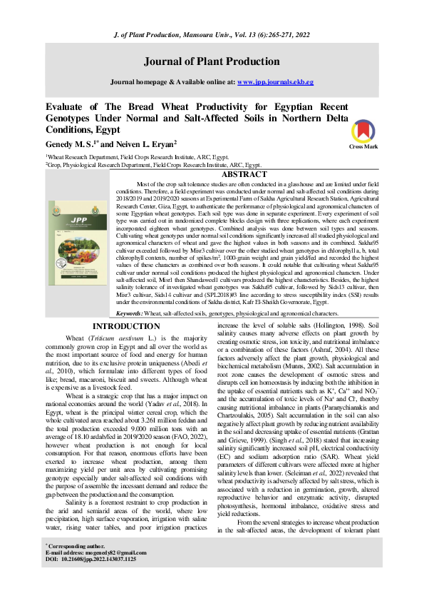(PDF) Evaluate of The Bread Wheat Productivity for Egyptian Recent ...