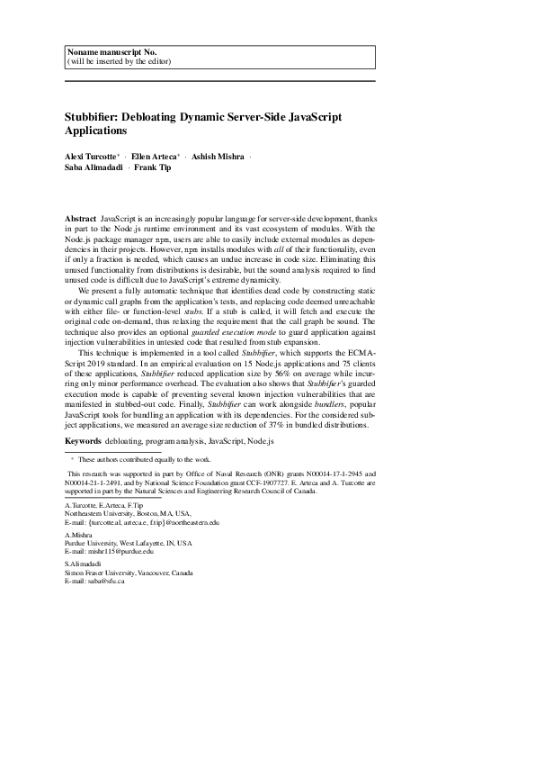 (PDF) Stubbifer: Debloating Dynamic Server-Side JavaScript Applications (Code Artifact ...