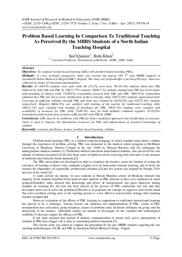 (PDF) Problem Based Learning In Comparison To Traditional Teaching As Perceived By the MBBS ...