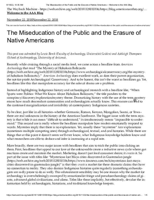 (PDF) The Miseducation of the Public and the Erasure of Native Americans