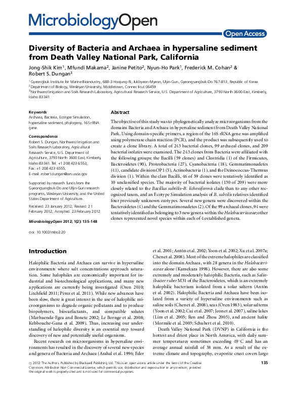 (PDF) Diversity of Bacteria and Archaea in hypersaline sediment from Death Valley National Park ...