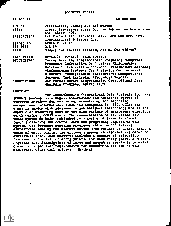(PDF) CODAP: Programmer Notes for the Subroutine Library on the Univac 1108